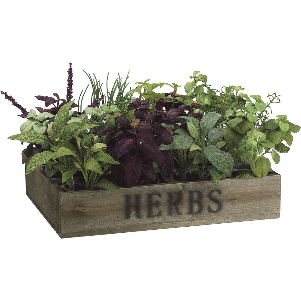 9 inch Artificial Herb Garden in Wood Box | LQH465-GR/BU