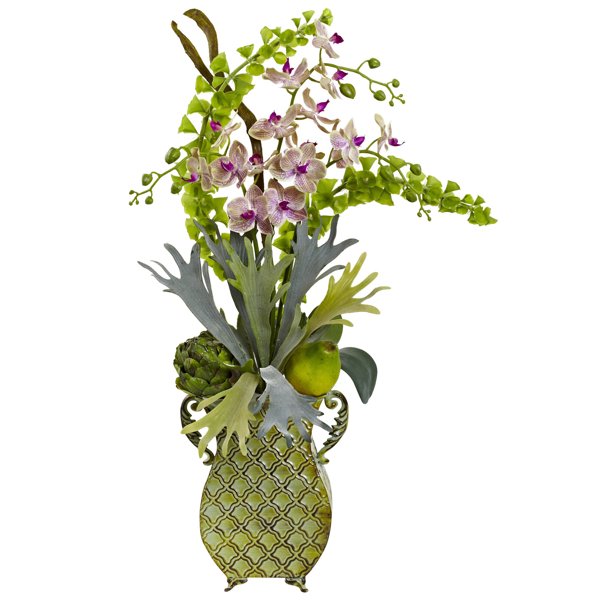 33 inch Indoor Silk Orchid & Bells of Ireland in Decorative Metal Vase ...