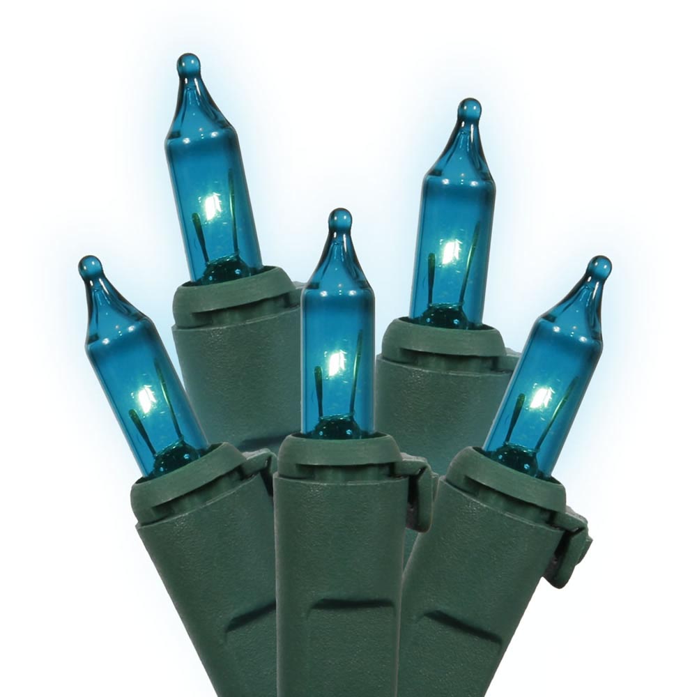 33 foot Outdoor Mini-light Strand on Green Wire: 100 Teal Lights | W4G1009