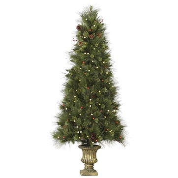 6 Foot Inoko Pine Slim Potted Christmas Tree: White & Red Led Lights ...