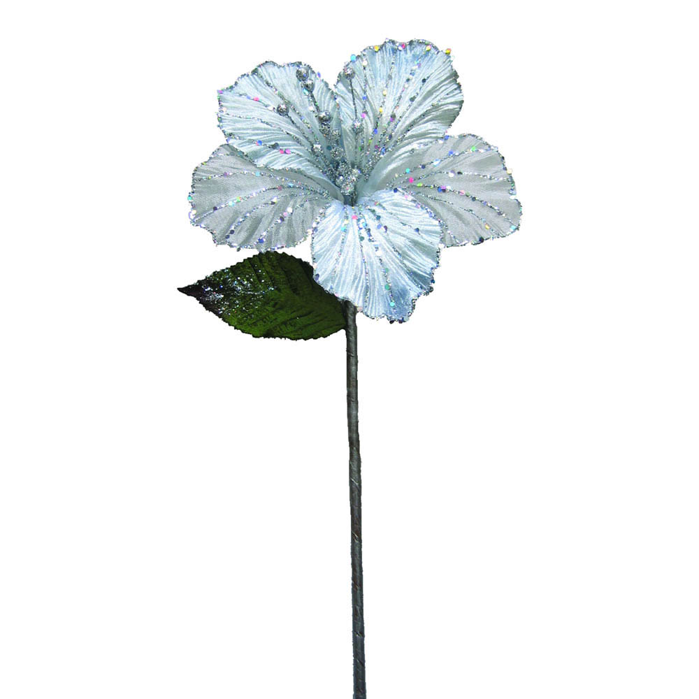 21 inch Silver Velvet Hibiscus Flower Pick with 6 inch Flower | O143507
