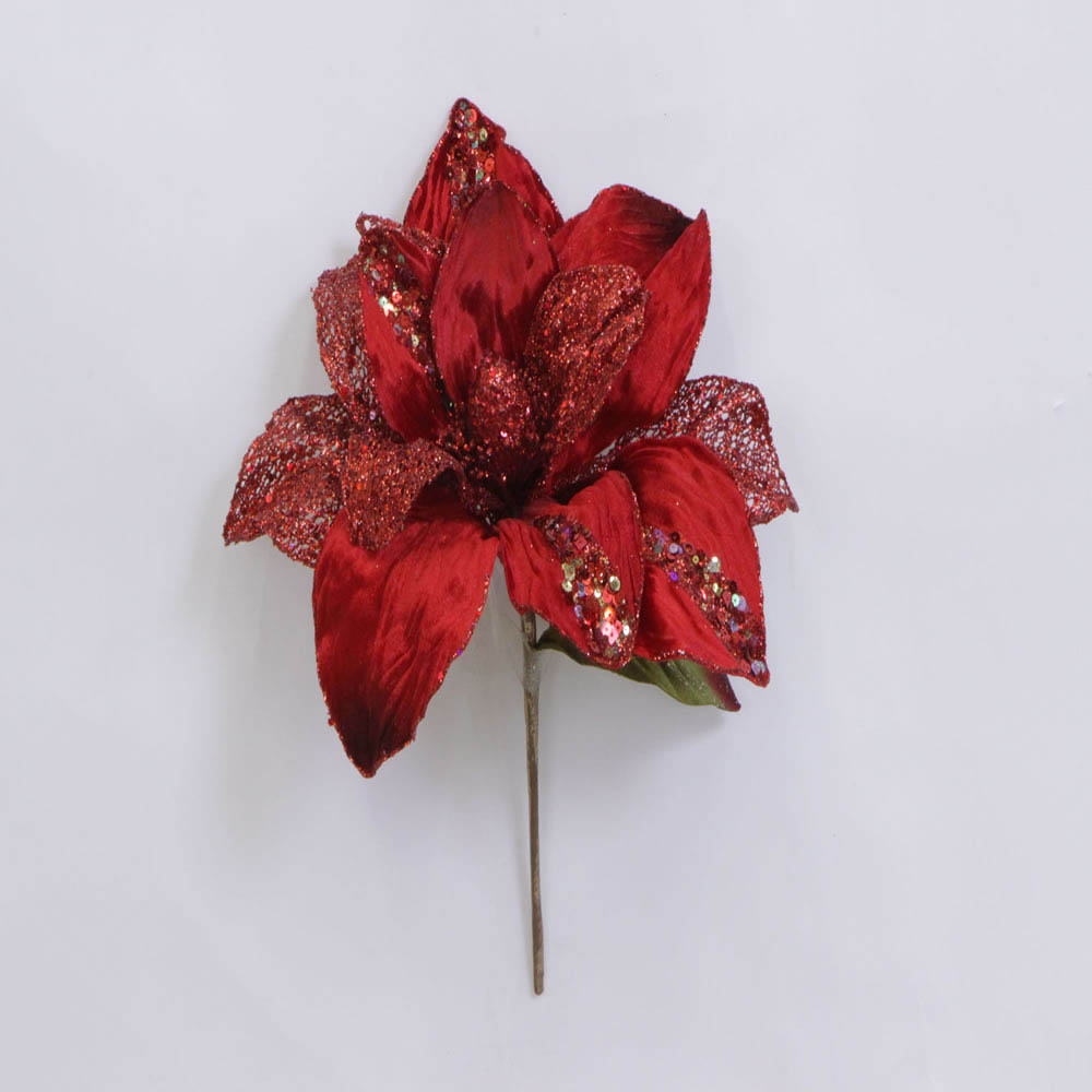 31 inch Red Glitter Magnolia Flower Pick with 13 inch Flower | O146203