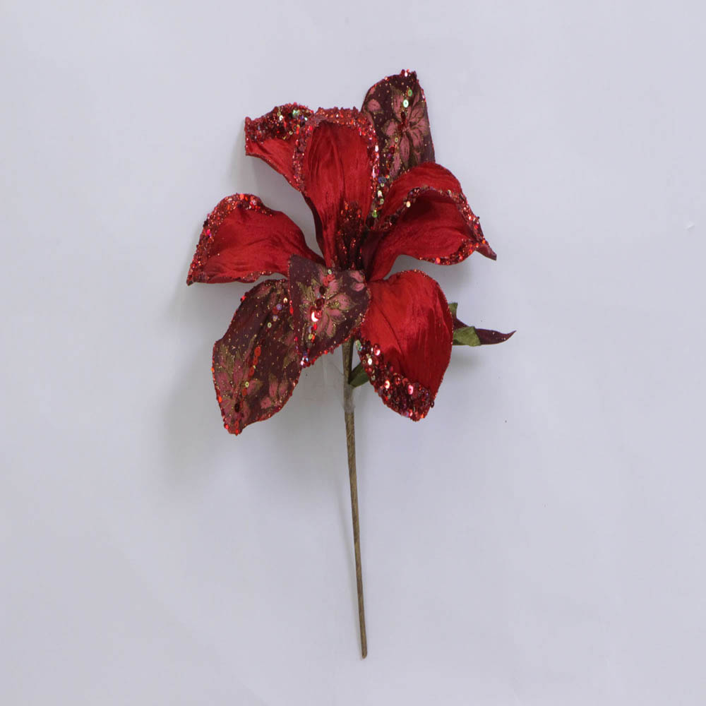 30 inch Red Beaded Magnolia Flower Pick with 11 inch Flower | O146403