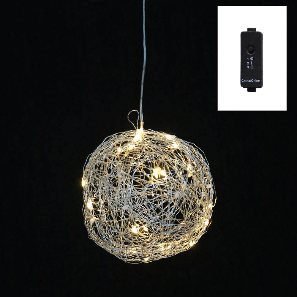 6 inch Indoor/Outdoor Silver Wire Ball: 20 Clear LED Lights | X15S206